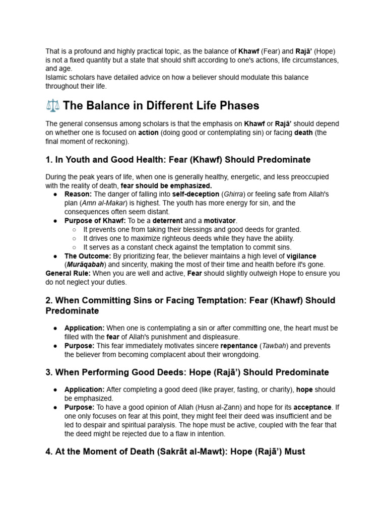 The Balance in Different Life Phases: Khawf Rajā' | PDF | God In Islam ...