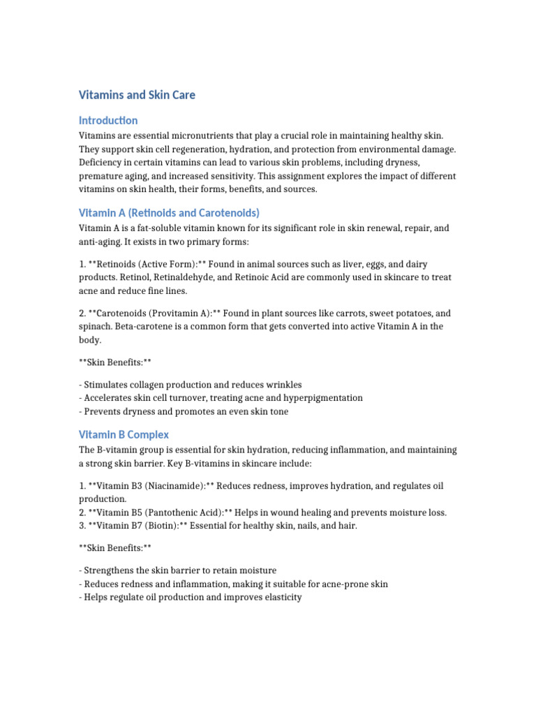 Detailed Vitamins and Skin Care Assignment | PDF | Skin Care | Vitamin A