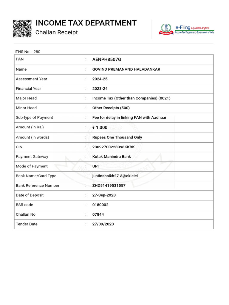 Govind PAN Challan | PDF | Payments | Taxes