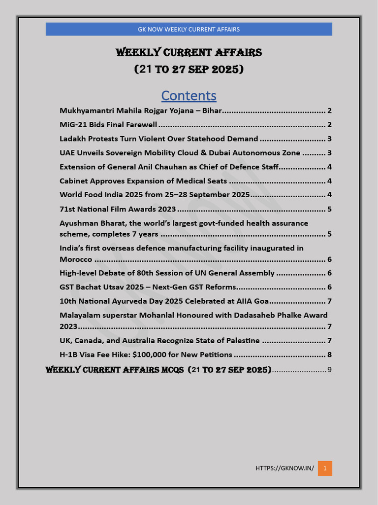 Weekly Curret Affairs 21 To 27 Sep (English) | PDF