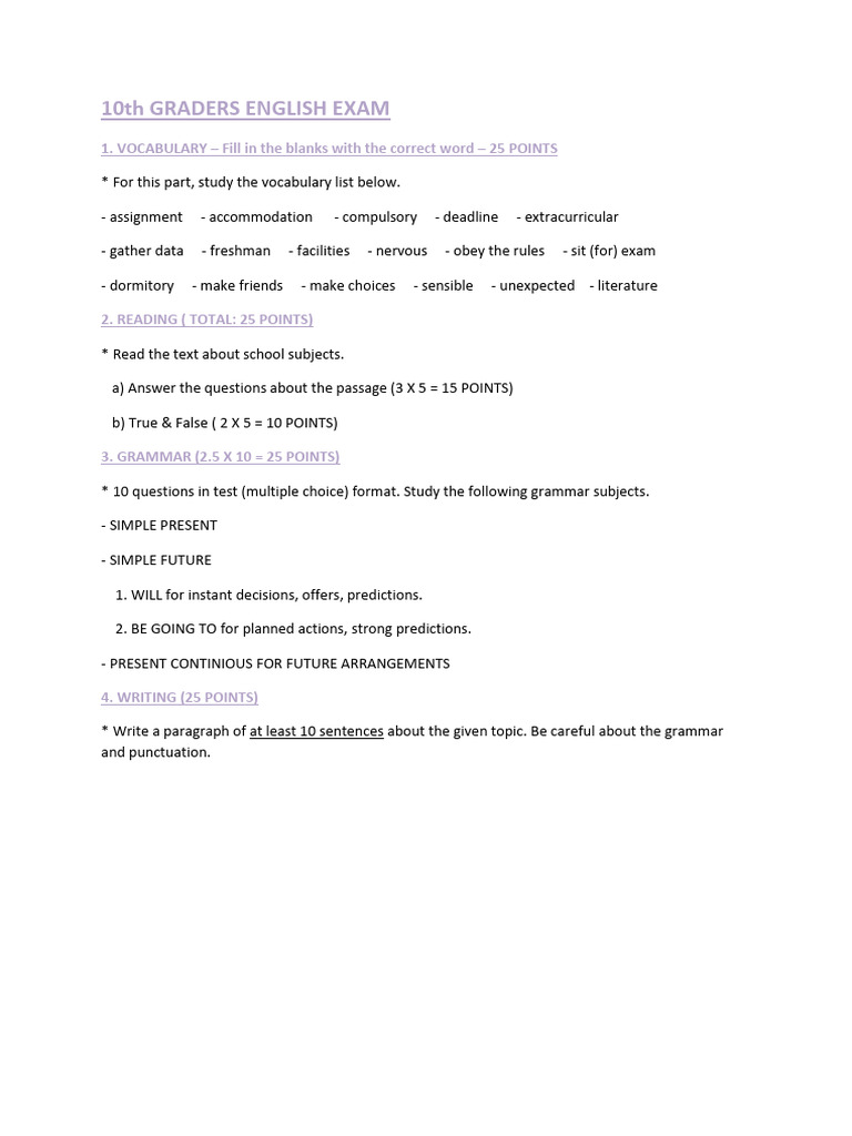 10th Graders English Exam Details | PDF