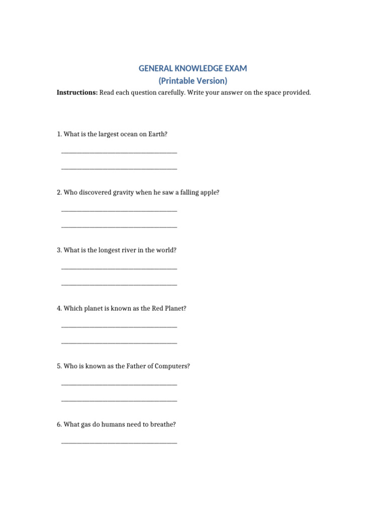 Printable General Knowledge Exam Pdf 0254