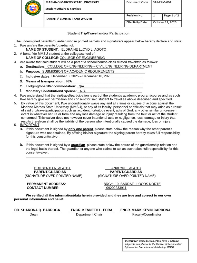 Parents Consent Waiver Section C | PDF | Common Law | Justice