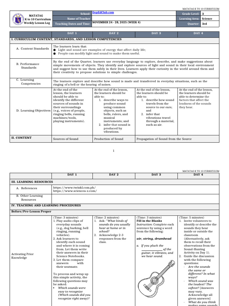 Dll Matatag Science 3 q3 w4 | PDF | Sound | String Instruments