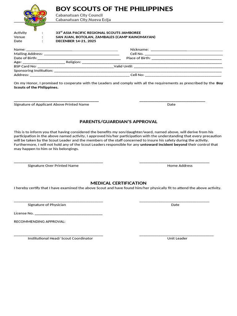 33rd APRSJ Medical Form Parent Consent | PDF | Youth Movements | Outdoor Recreation Organizations