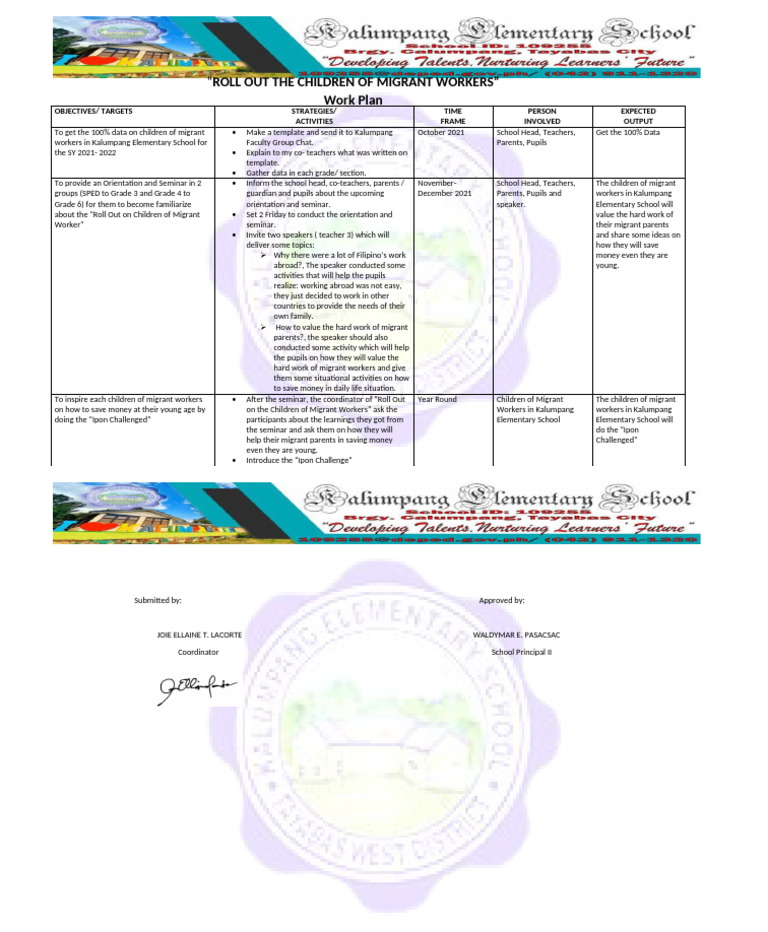 Work Plan Roll Out On The Children of Migrant Workers Joie | PDF