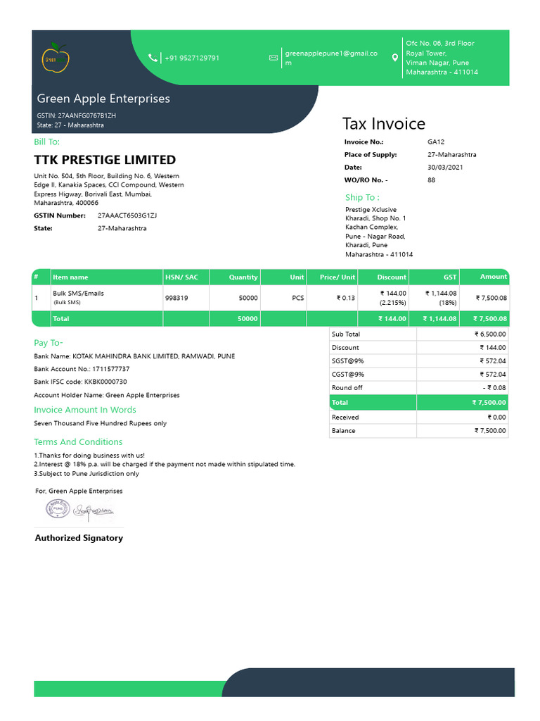 Tax Invoice for Bulk SMS Services | PDF | Money | Taxes