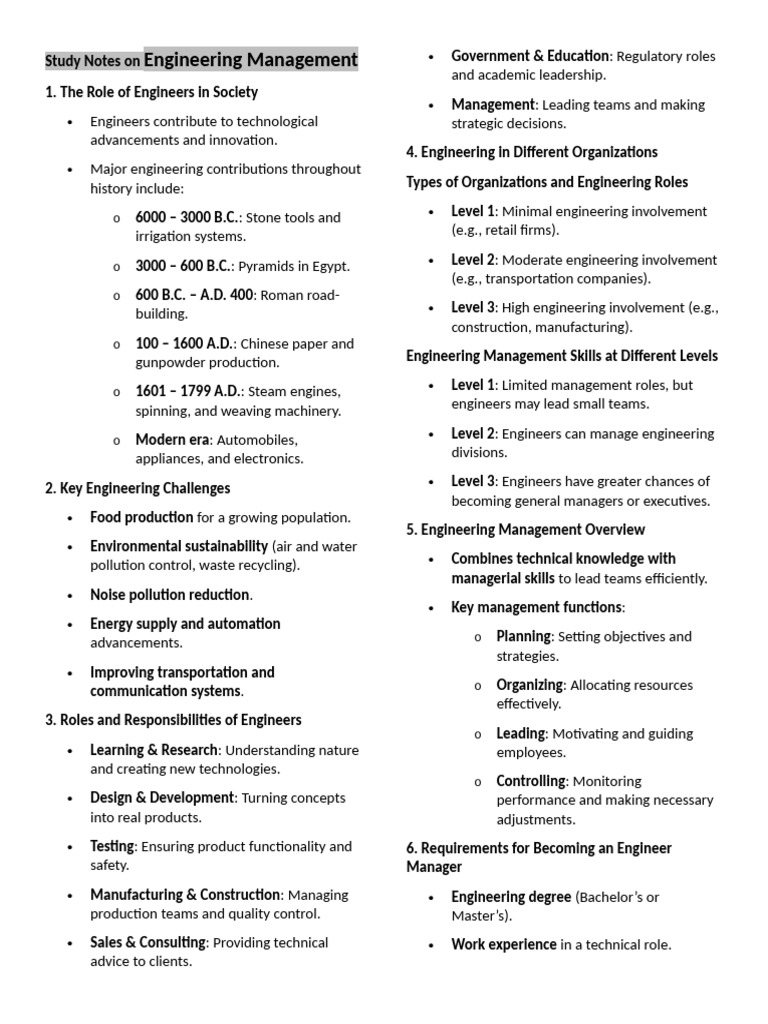 Engineering Management Study Notes | PDF | Mechanical Engineering