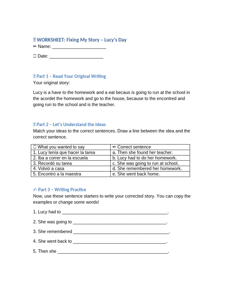Fixing My Story Lucy Worksheet | PDF
