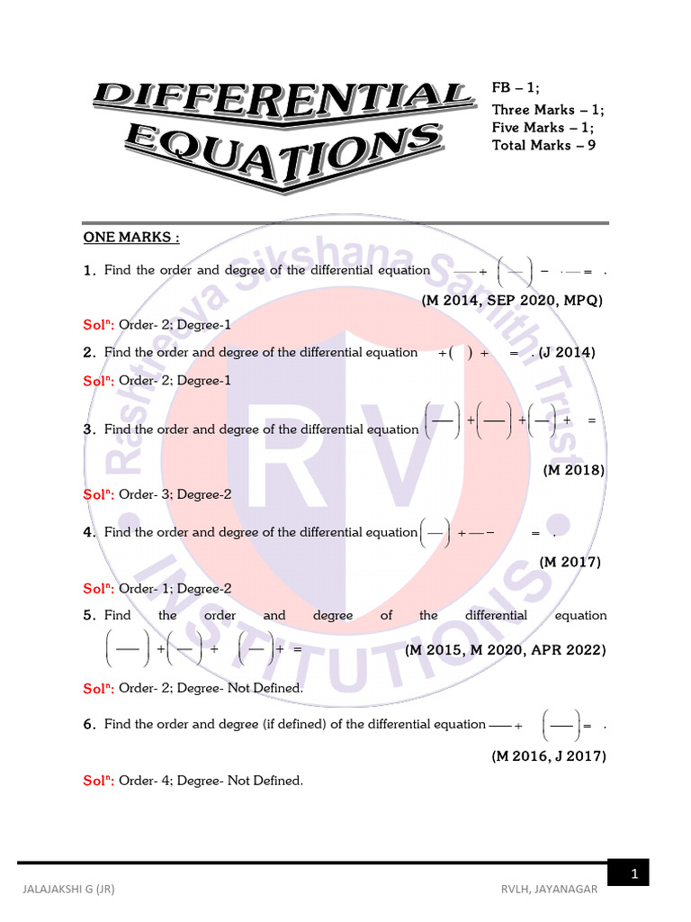 Differential Equations: Order & Degree Solutions | PDF | Tangent | Slope