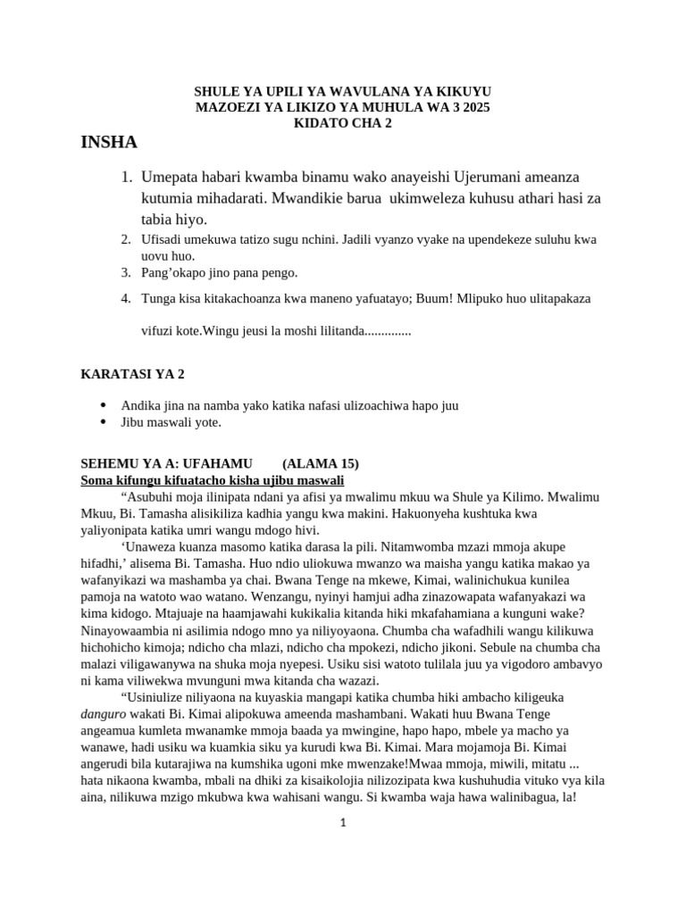 Form 2 Mazoezi Ya Likizo Qs-1 | PDF