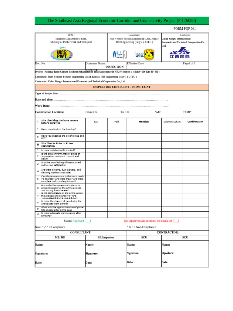 Prime Coat Inspection Checklist for NR2W | PDF