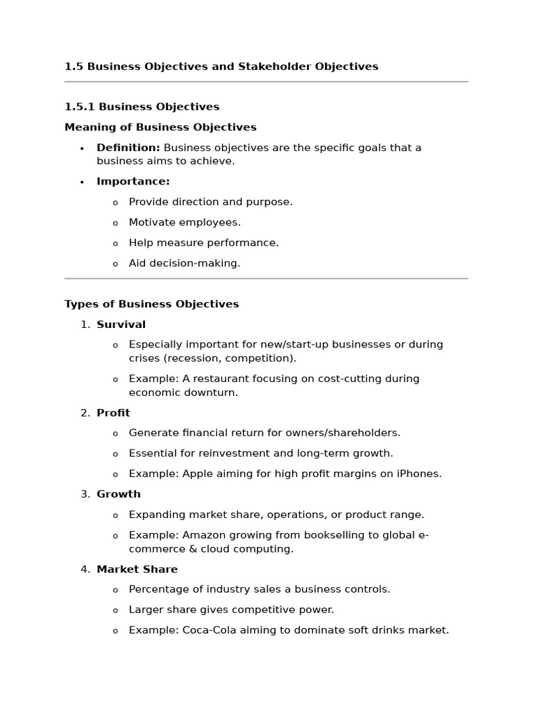 1,5 IGCSE Revision Notes:business Objectives and Stakeholder Objectives ...