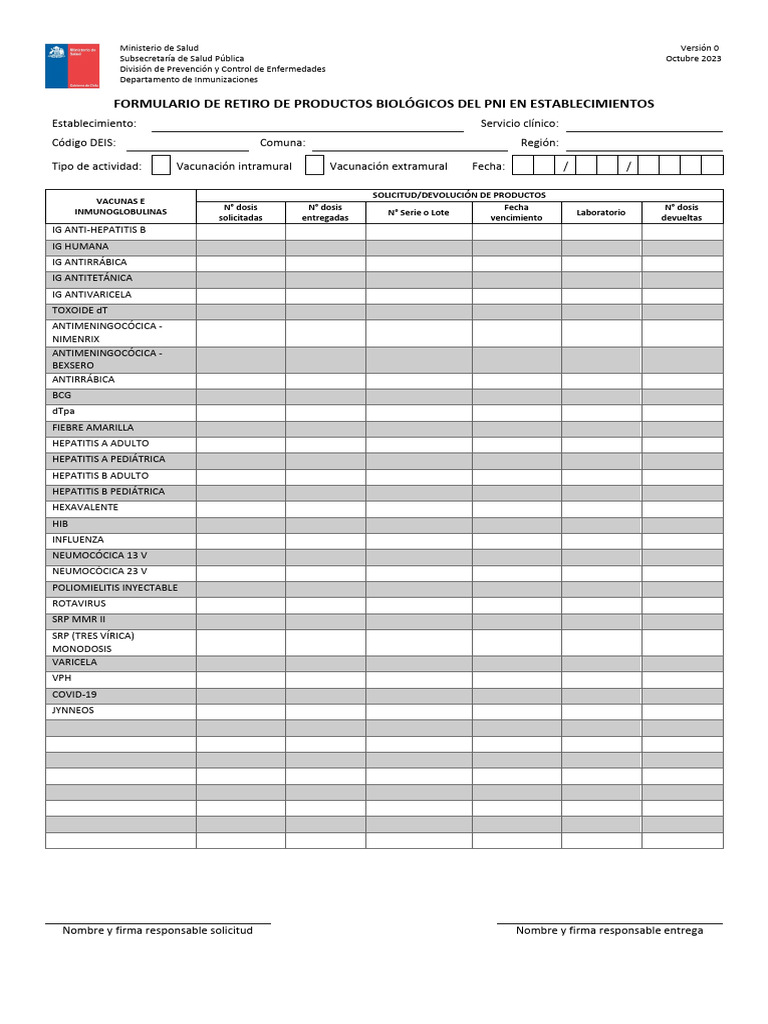 Formulario de Retiro de Vacunas PNI | PDF