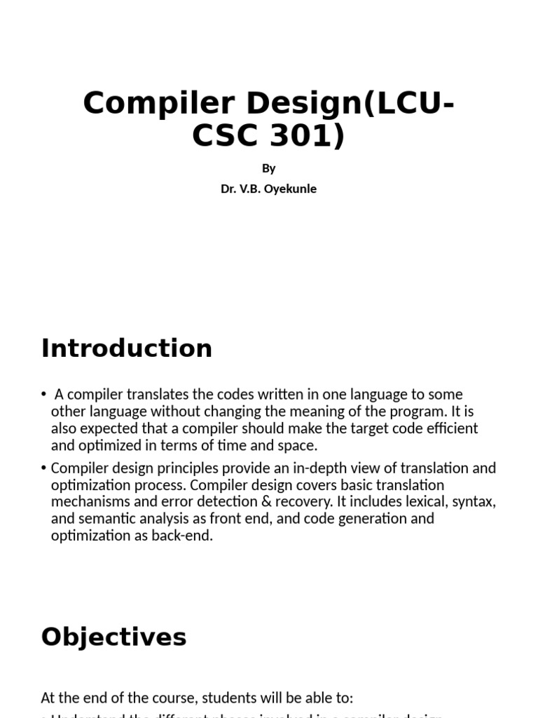 Compiler Design (LCU-CSC 301) 202526 Lecture 1 | PDF | Parsing | Compiler