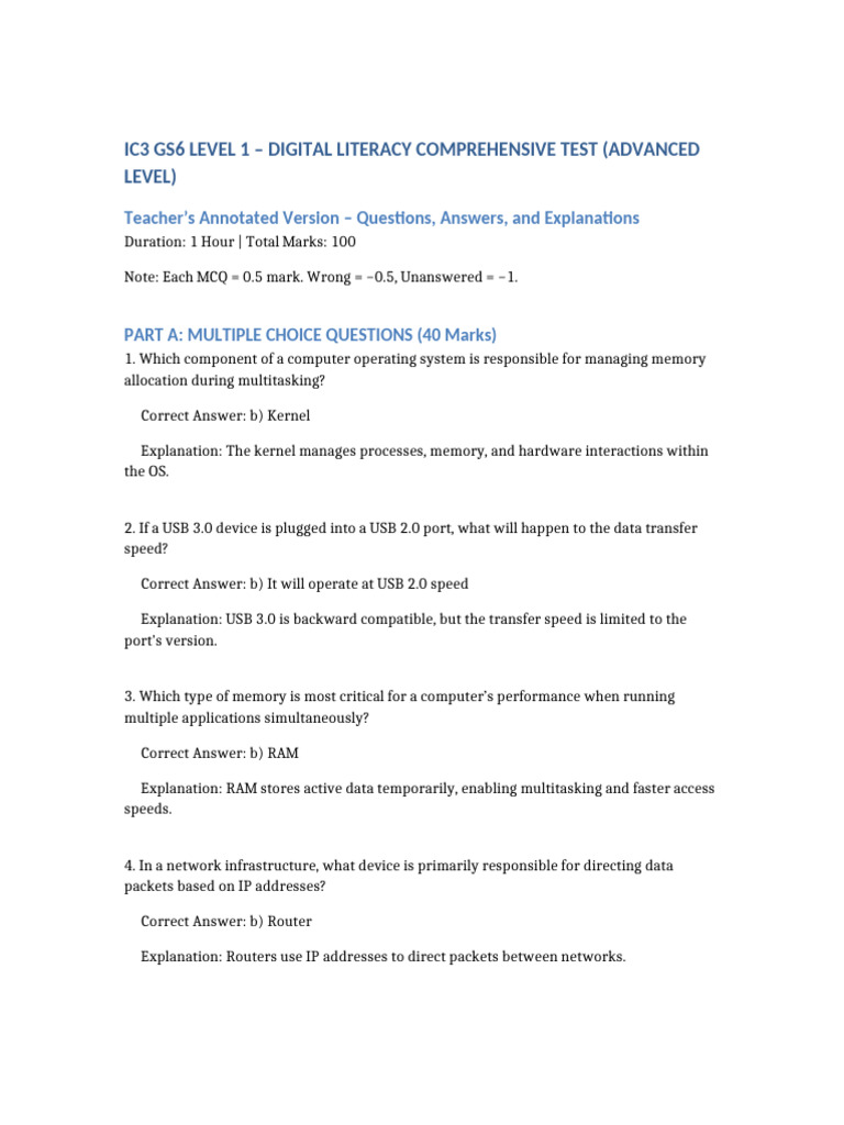 IC3 GS6 Level 1 Digital Literacy Test | PDF | Operating System ...