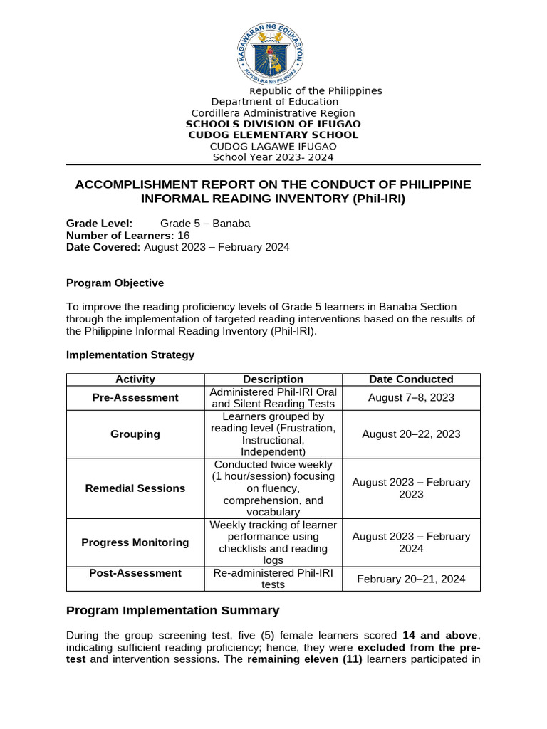 Phil Iri Accomplishment Report | PDF | Reading Comprehension | Literacy
