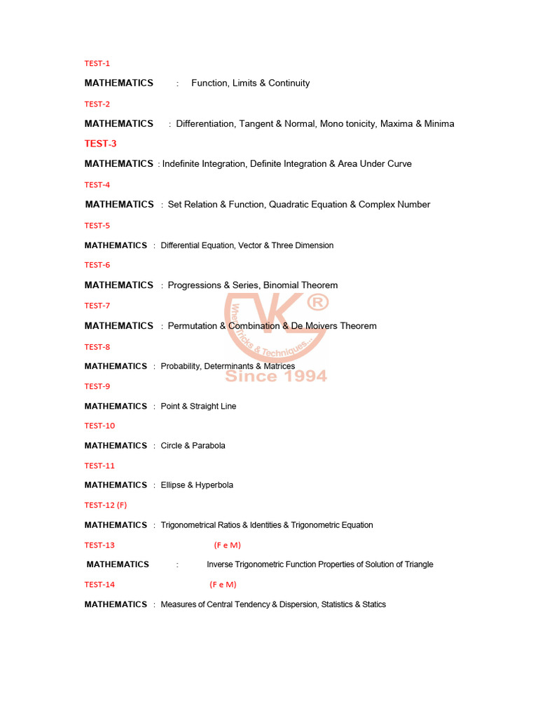 Comprehensive Mathematics Test Topics | PDF