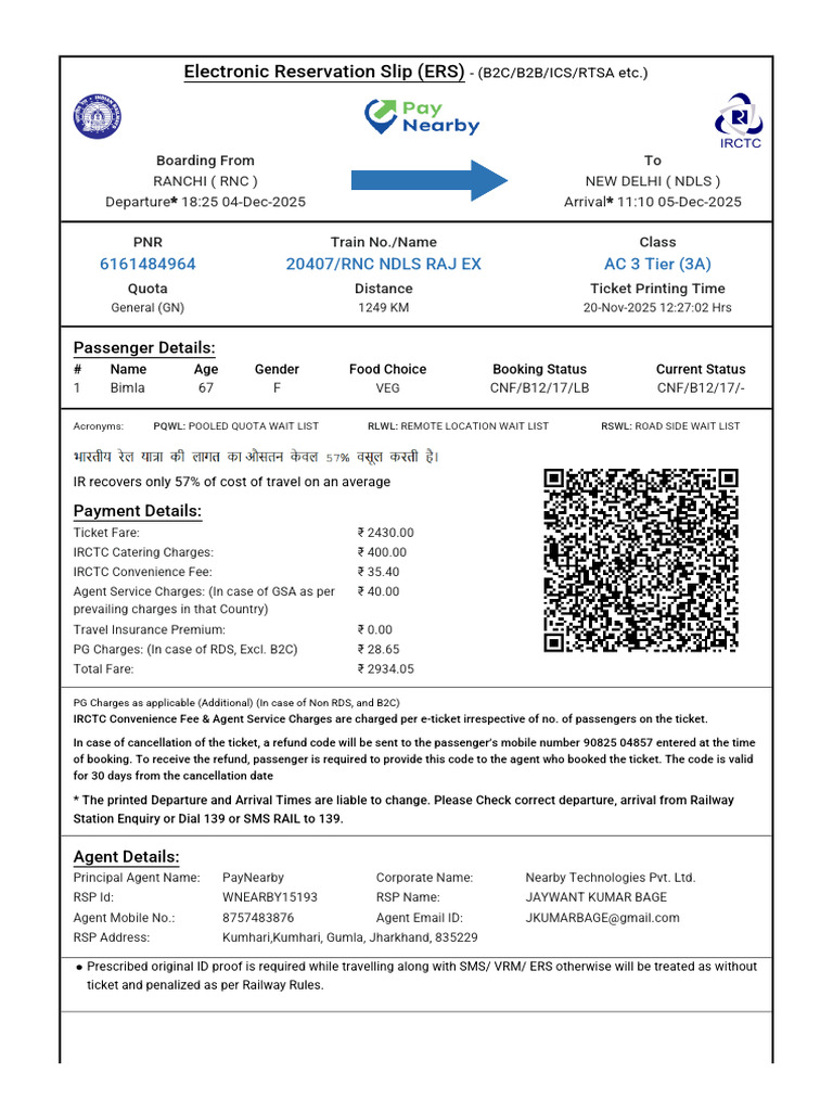 Electronic Reservation Slip (ERS) : 6161484964 20407/Rnc Ndls Raj Ex AC ...