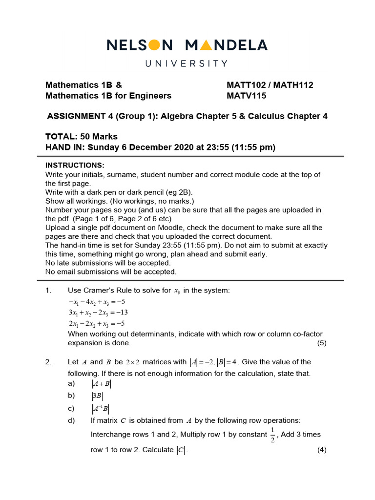 Math 1B Assignment: Algebra & Calculus | PDF | Matrix (Mathematics ...