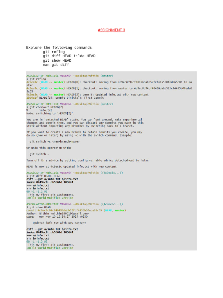 Assignment-3: Explore The Following Commands Git Reflog Git Diff HEAD ...