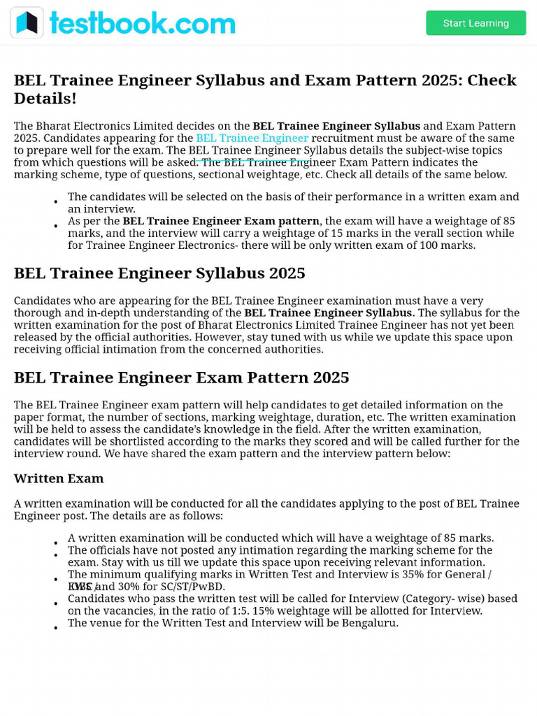BEL Trainee Engineer Syllabus and Exam Pattern 2025 - Check Details! | PDF