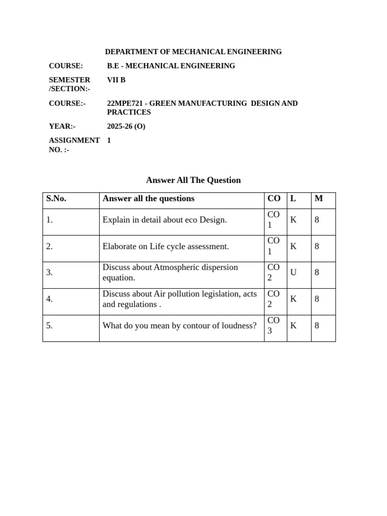 Green Manufacturing Assignment 2025-26 | PDF