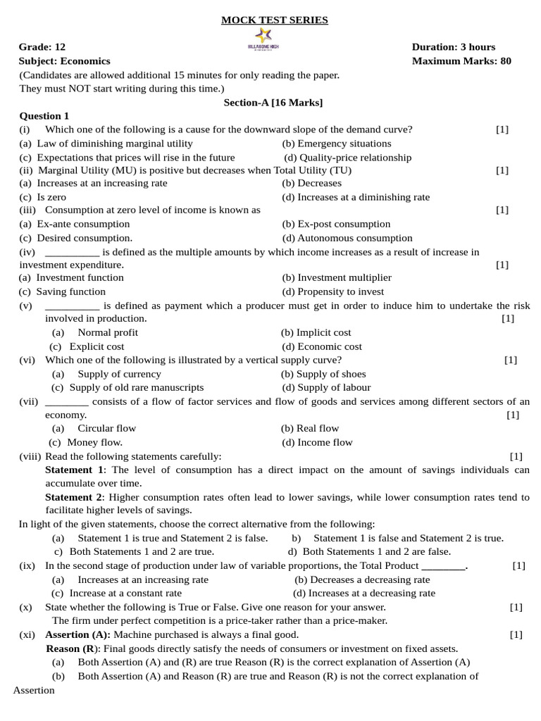 Mock Test Series Grade: 12 Duration: 3 Hours Subject: Economics Maximum ...