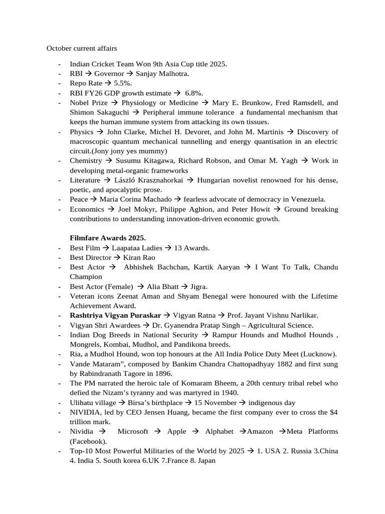 October Current Affairs | PDF