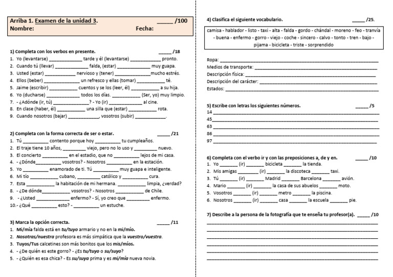 Examen de español: verbos y vocabulario | PDF