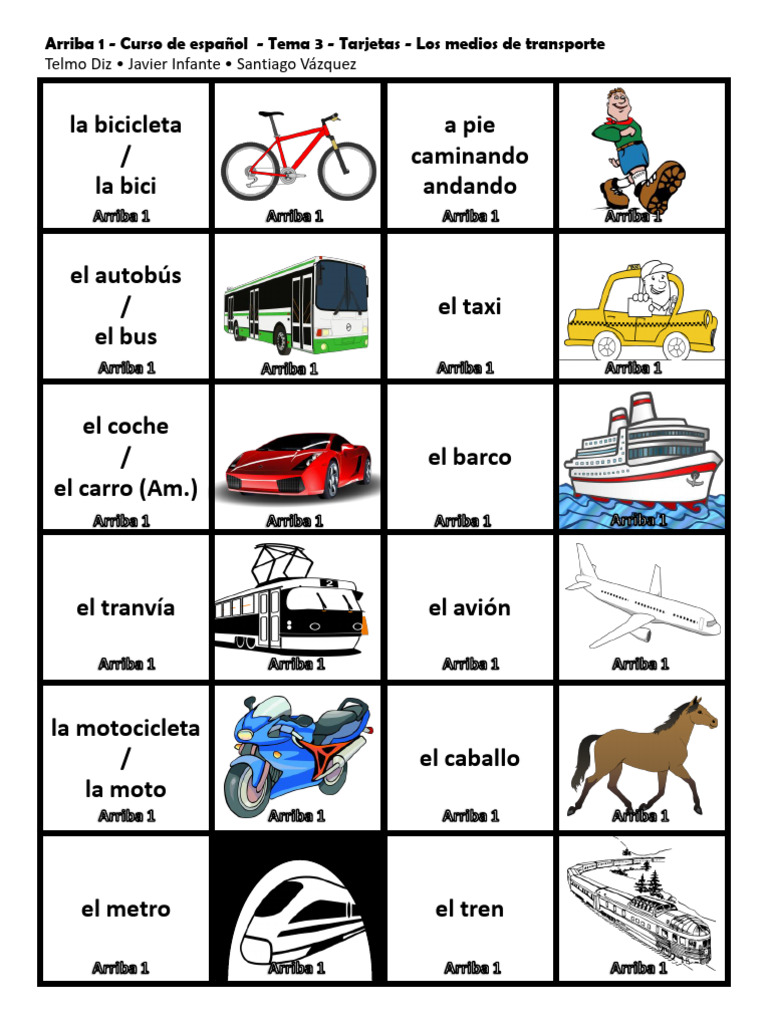 Arriba 1 - Unidad 3 - Tarjetas - Los Medios de Transporte | PDF