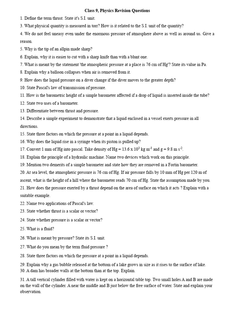 Class 9 Physics Thrust and Pressure Questions | PDF | Pressure ...