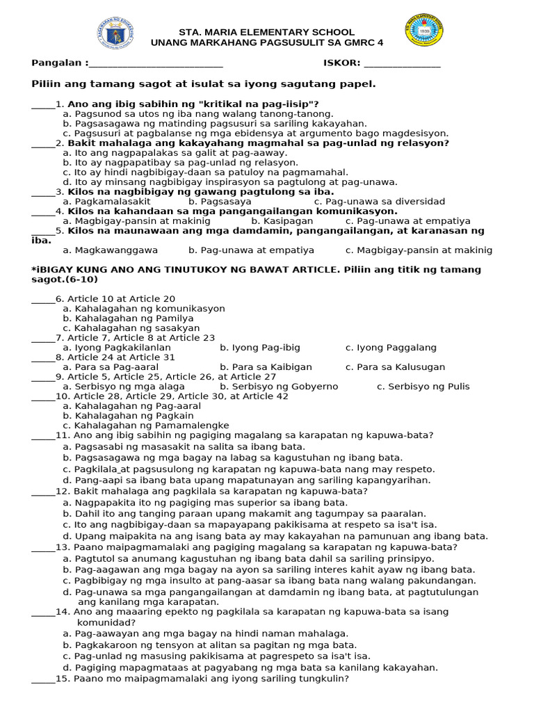GMRC q1 Periodic Test Long | PDF