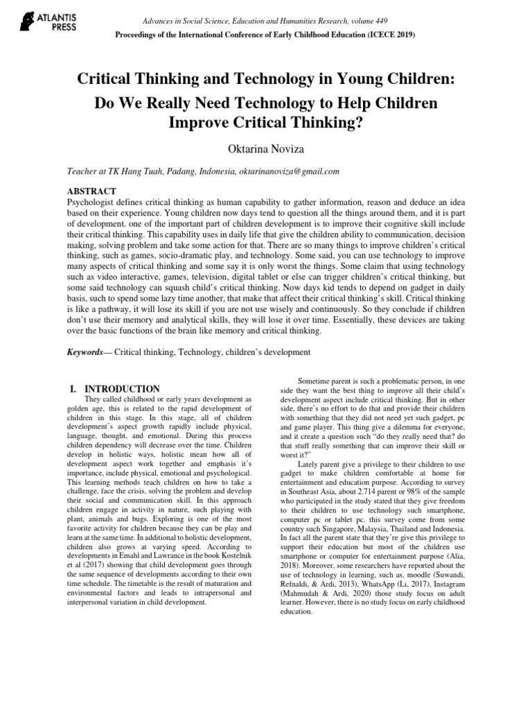 Critical Thinking and Technology in Young Children: Do We Really Need ...