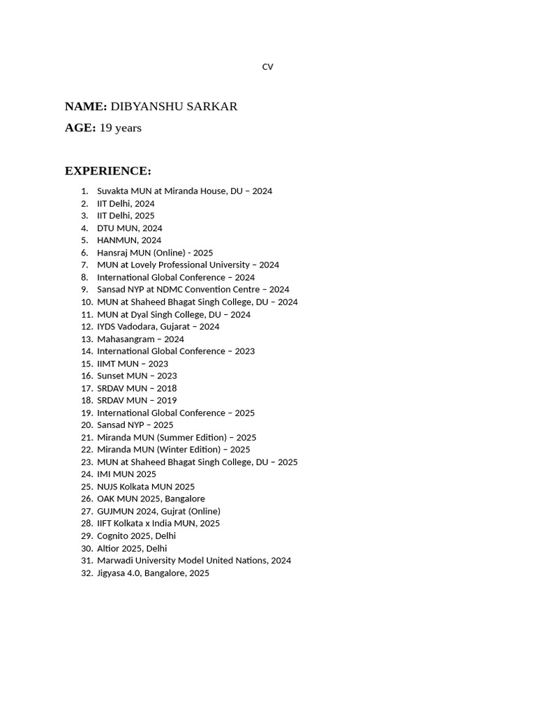 Dibyanshu Sarkar's MUN Experience CV | PDF