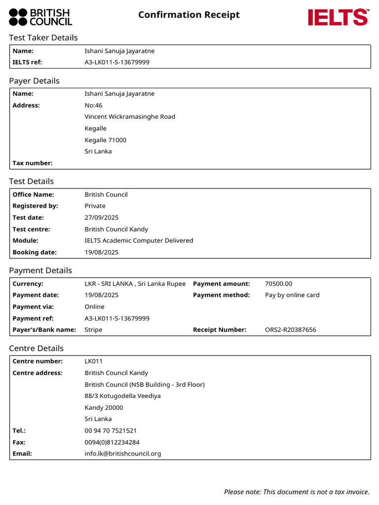 Ielts - 09!27!2025 - Confirmation - Receipt - With BRITISH COUNCIL | PDF