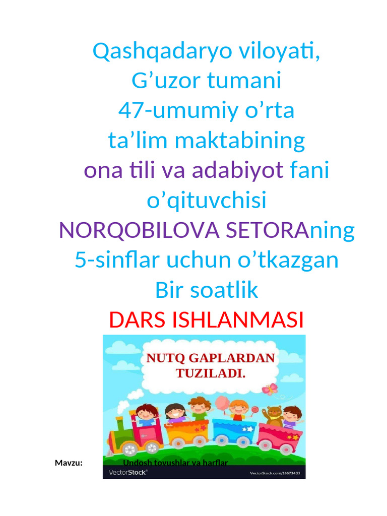 5-Sinf Ona Tili Undosh Tovushlar Va Harflar+ | PDF