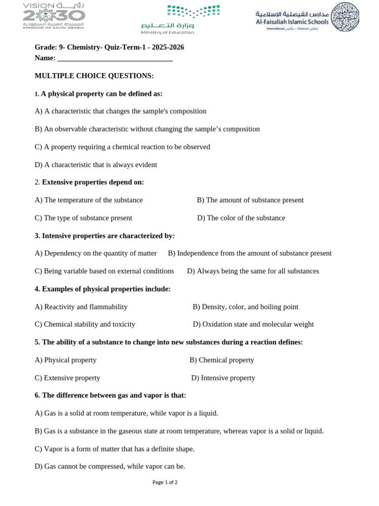Grade 9 Chemistry Quiz Term 1 | PDF | Chemical Substances | Chemistry