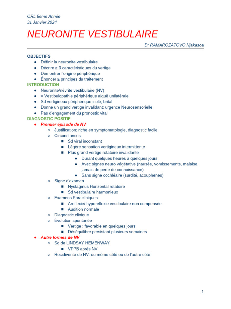 Neuronite Vestibulaire : Diagnostic et Traitement | PDF | vertige ...