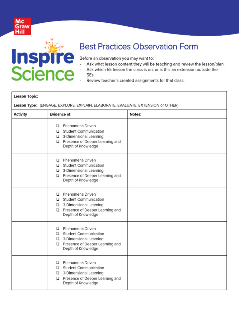 Inspire Science Best Practices Observation Form UPDATED | PDF | Science ...