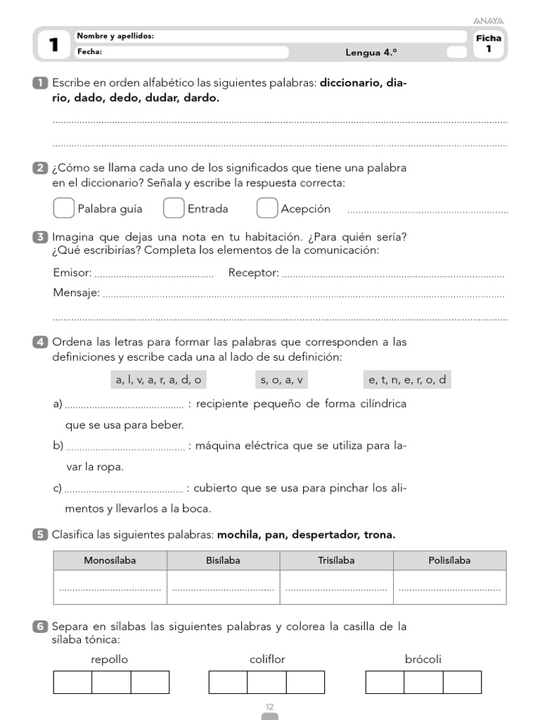 Actividades de Lengua para 4.º de Primaria | PDF | Lingüística | Sintaxis