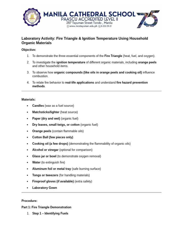 Fire Triangle Experiment with Household Materials | PDF | Fires ...