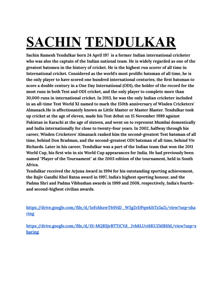 Sachin Tendulkar: Cricket Legend | PDF