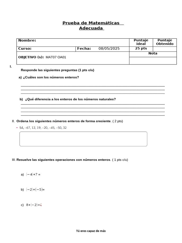 Prueba de Matemáticas: Números Enteros y Racionales | PDF