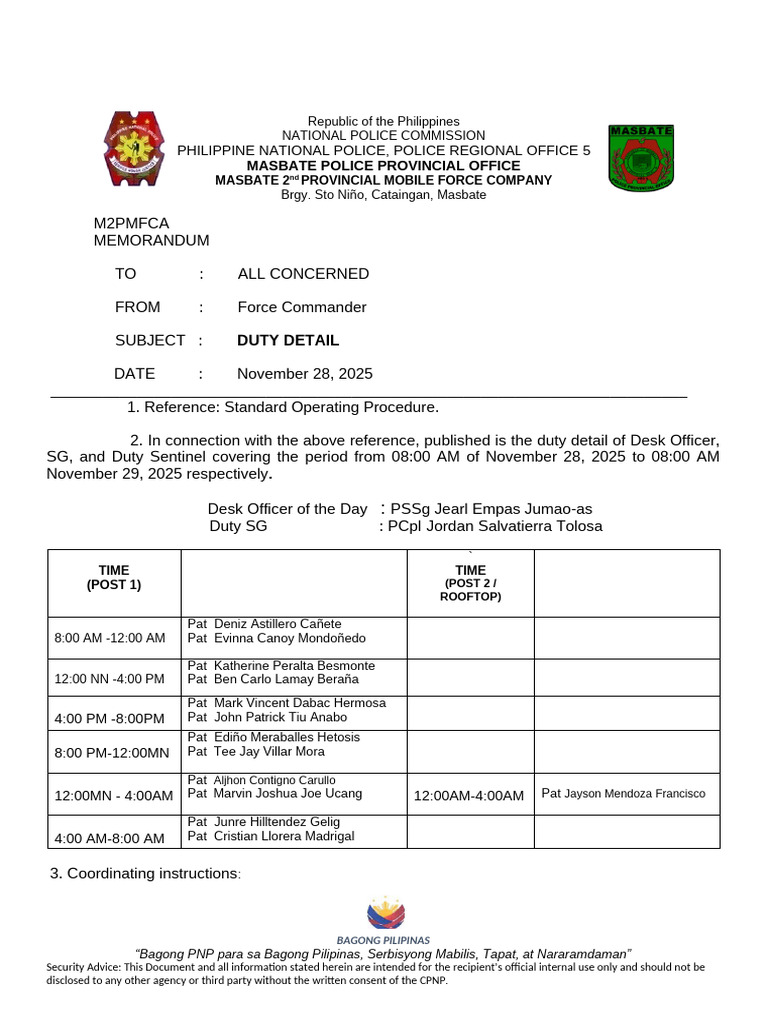 Duty Detail Memorandum for Masbate Police | PDF