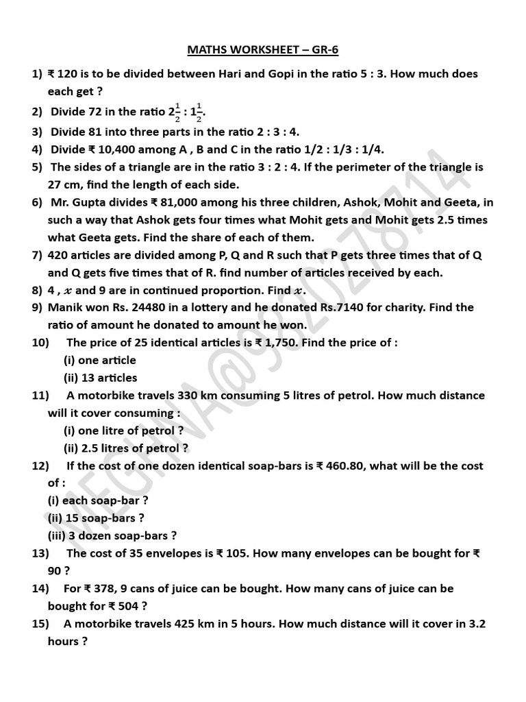 MATHS WORKSHEET - Ratio, Proportion, Unitary Method and Data Handling ...