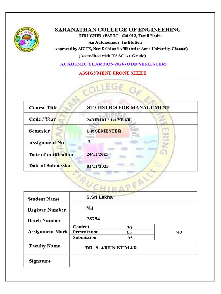 Saranathan College Assignment Front Sheet | PDF