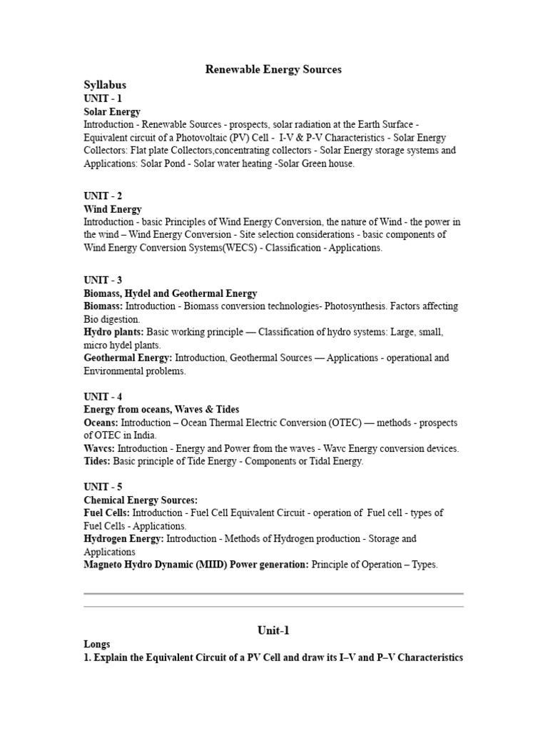 Renewable Energy Sources Syllabus Overview | PDF | Solar Energy ...