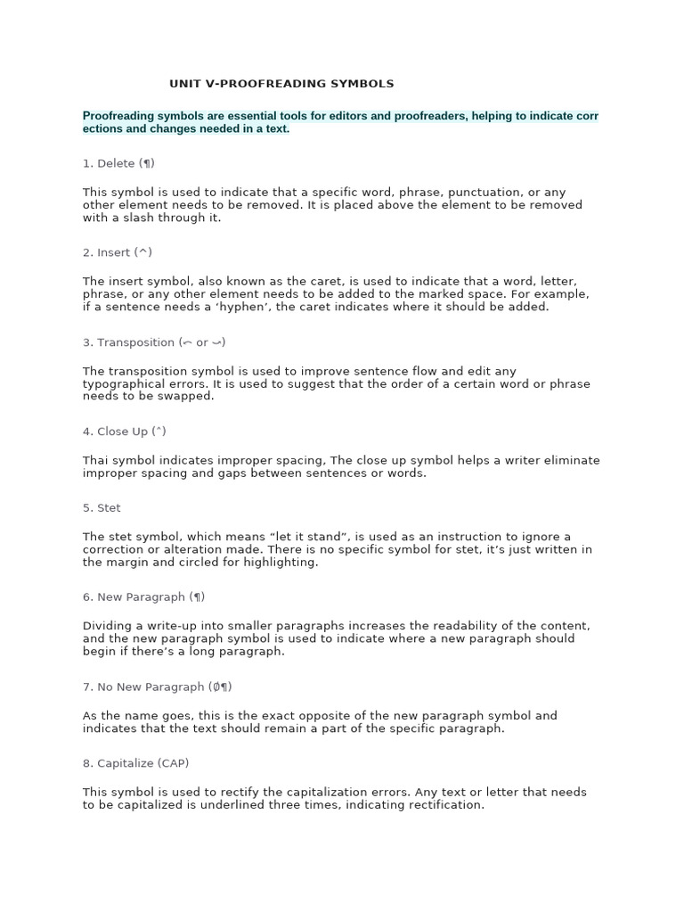 Unit V Proof Reading Symbols | PDF | Proofreading | Paragraph