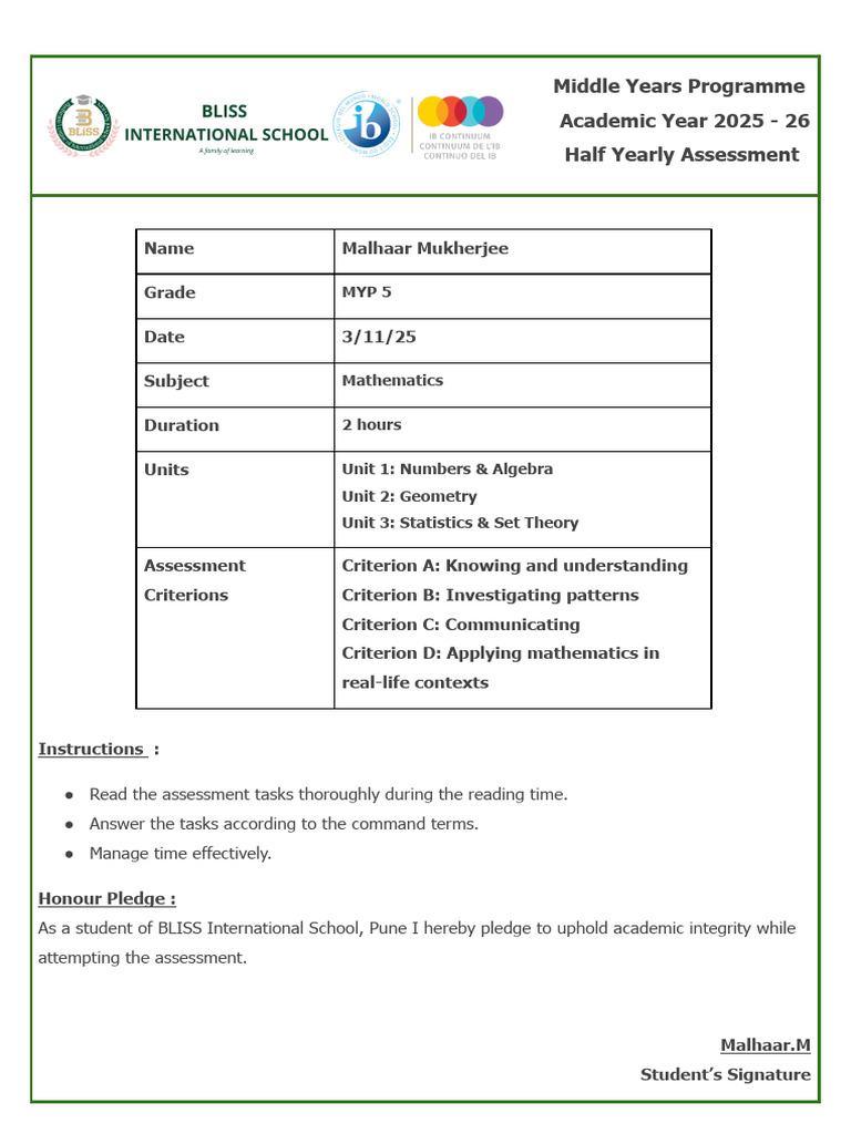 MYP 5 Math Half-Yearly Assessment 2025 | PDF | Mathematics